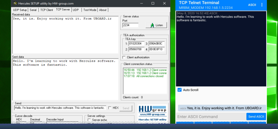 نرم افزار Hercules، ترمینال پورت سریال، TCP IP و UDP IP - یوبرد